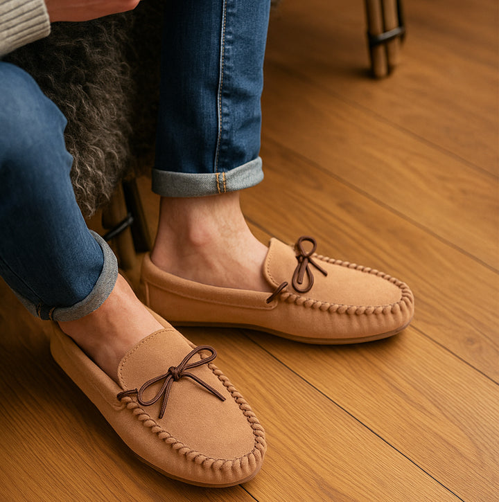 Mokkers JAKE Mens Suede Moccasins Taupe | House Of Slippers